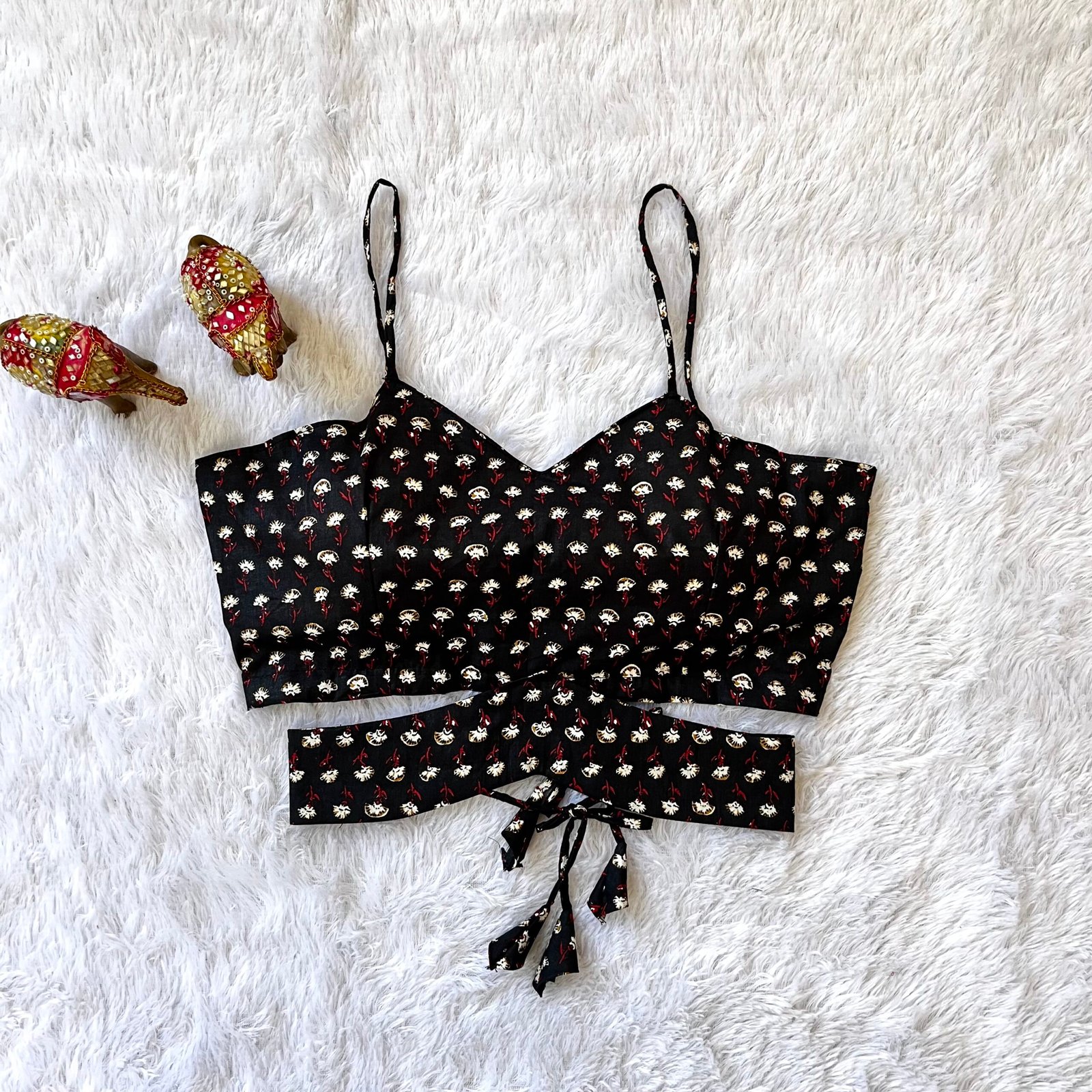 Black Butti Noodle Strap Blouse with Belt - barikiyaan