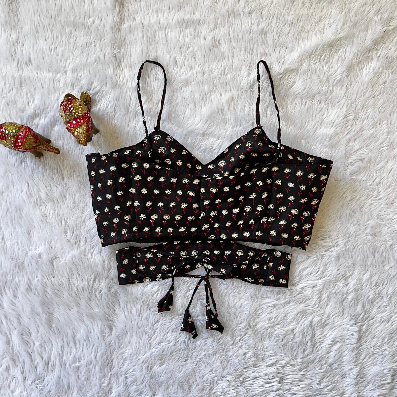 Black Butti Noodle Strap Blouse with Belt - barikiyaan